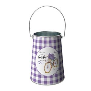 Bote de metal con agarradera diseño cuadros de color morado con blanco ...